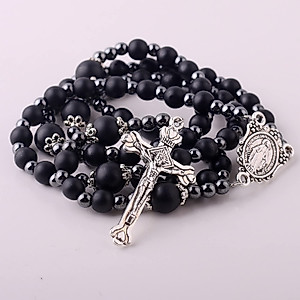 HanlinCC 6mm Black Glass Beads with 4mm Hematite Black Stone Beads Rosary Necklace with Miraculous Center piece and Crucifix pack in Velvet Gift Bag for Men and Women