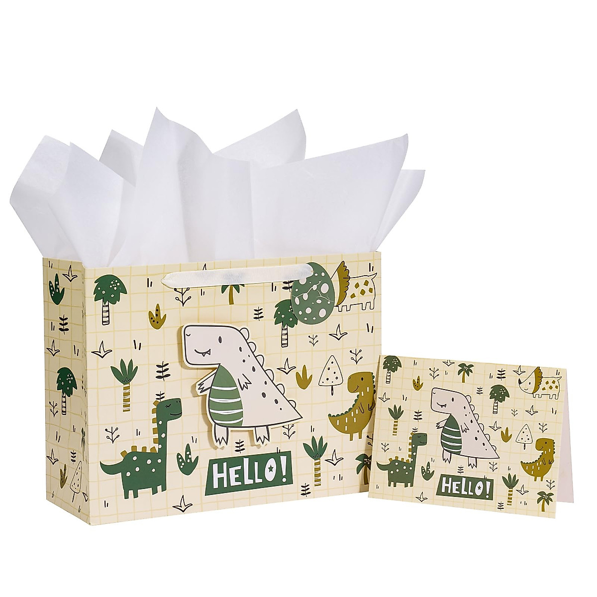 Loveinside Baby Gift Bag Dinosaur and Hedgehog Design with Tissue Paper and Greeting Card for Baby Shower, New Parents, and More - 13" x 5" x 10", 1 Pcs