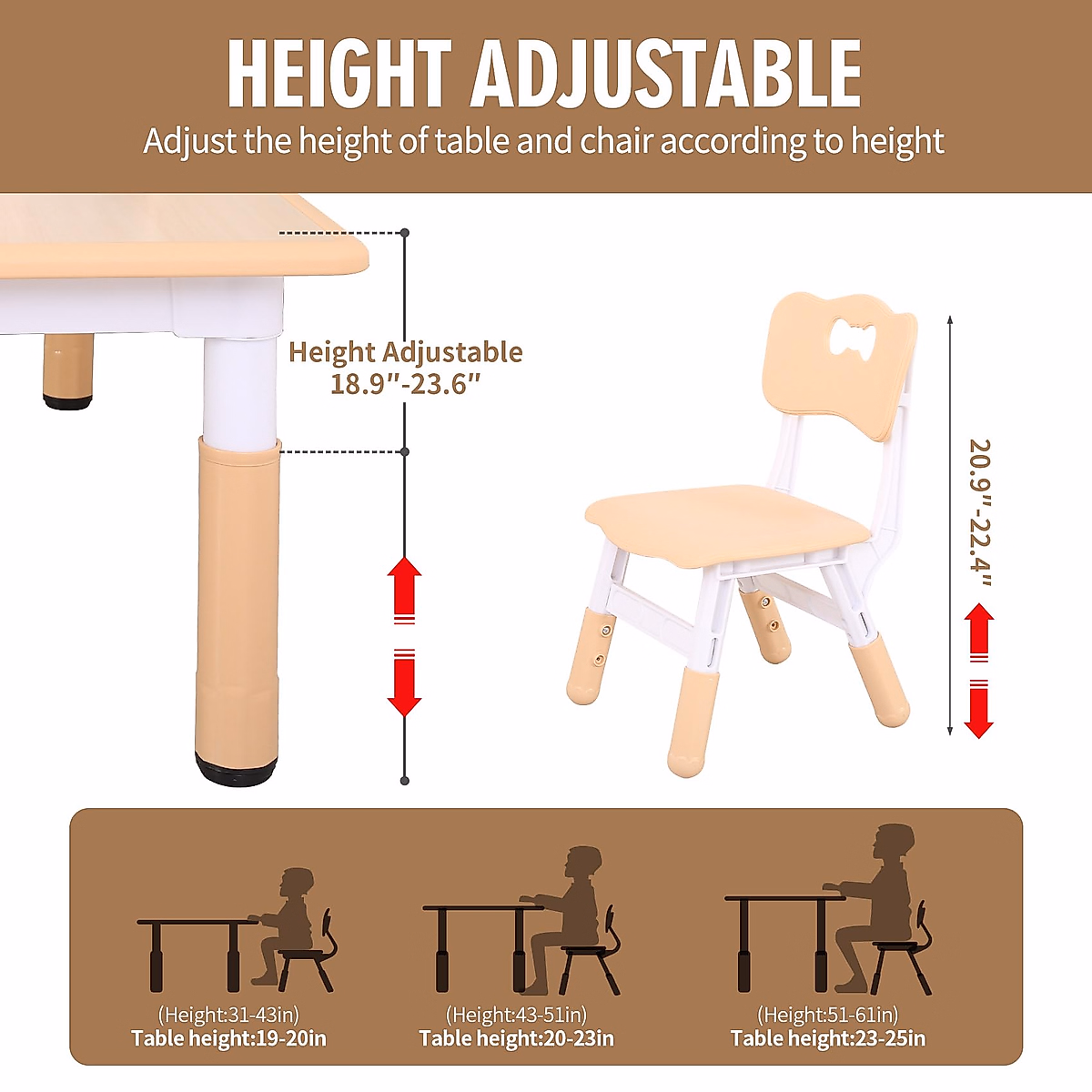 UNICOO Kids Study Table and Chairs Set, Height Adjustable Plastic Children Art Desk with 4 Seats, Kids Multi Activity Table Set (Maple Top + Nature Board)