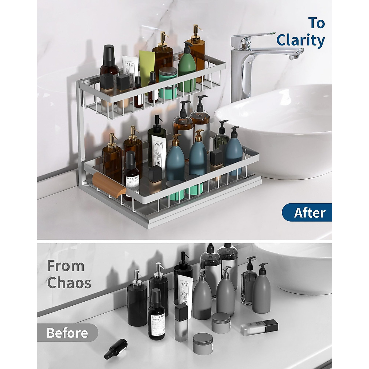 2 Pack Under Sink Organizer,Metal Pull Out Kitchen Cabinet Organizer with Sliding Drawer,Sturdy Multi-functional for Bathroom Organization,Silver