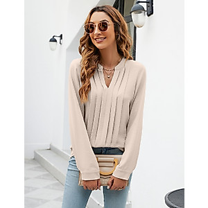 Blooming Jelly Women's Dressy Casual Blouses Business Work Tunic Tops Cute Long Sleeve V Neck Pleated Shirts 2025 Fall Outfits (Apricot,Small)