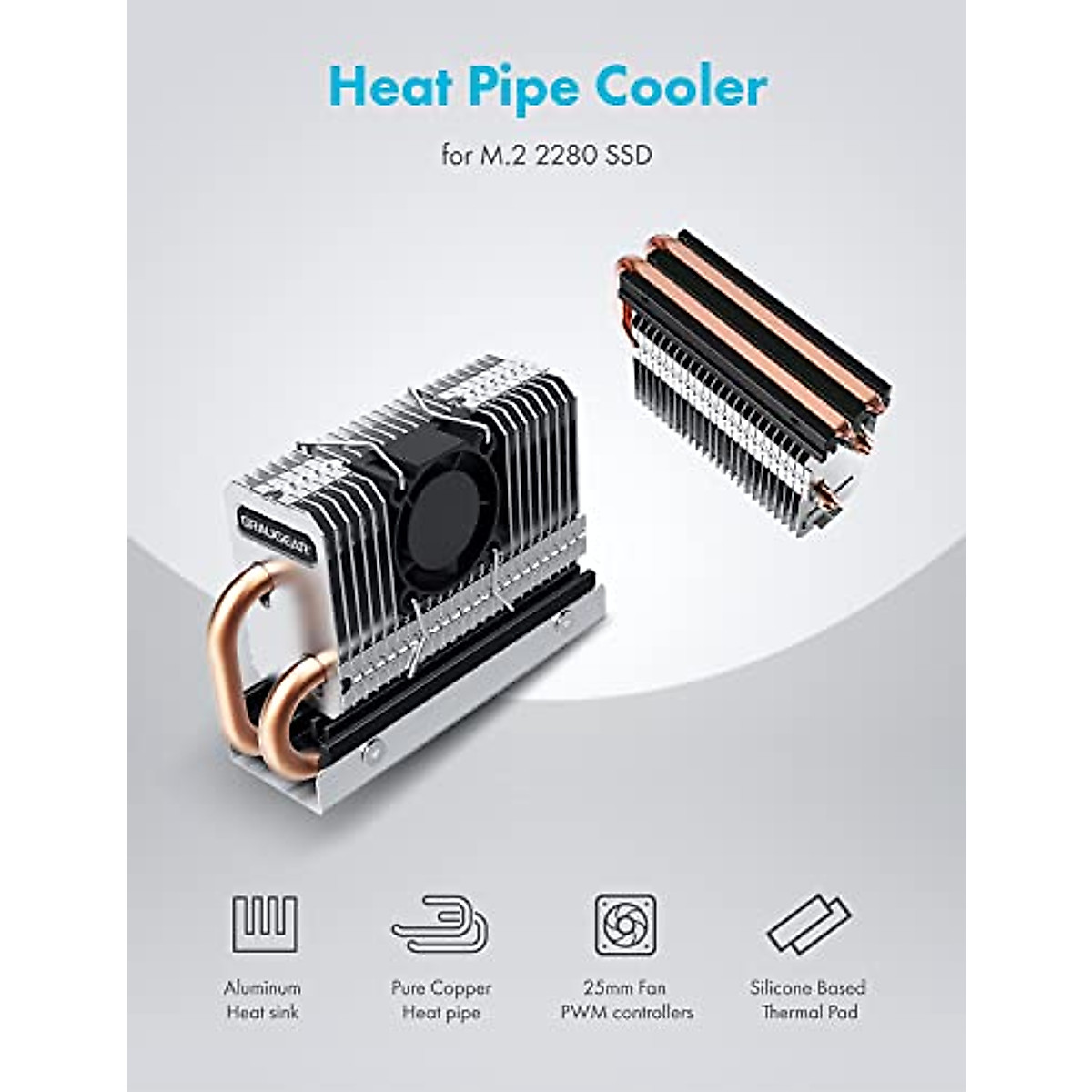 GRAUGEAR M.2 2280 SSD Heatsink, Direct-Touch Heat of Dual Copper Heat Pipes, 25 mm Cooling Fan Built-in PWM Control, Aluminum Plate-Fin Design, Thermal Pads incl. Cooler for M.2 NVMe/SATA[G-M2HP04-F]