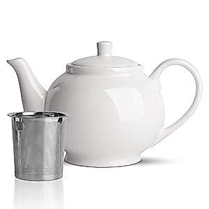 ComSaf Porcelain Teapot with Removable Infuser & Lid 37oz(4-5 Cups), Large Tea Pot with Stainless Steel Fine Mesh Infuser, Ceramic Tea Maker with Strainer for Loose Leaf Tea or Bags, White