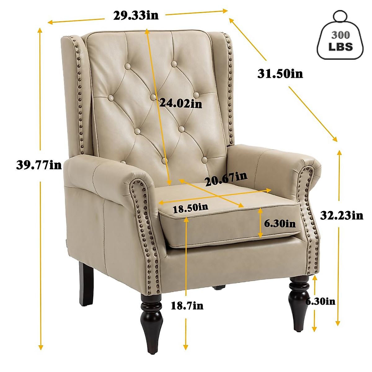 Mid-Century High Wingback Chair, Faux Leather Accent Chair Armchair with Buttons,Modern Living Room Chairs with Rivet Decoration,Leisure Single Sofa Chair for Bedroom,Club,Home Reception (PU Camel)