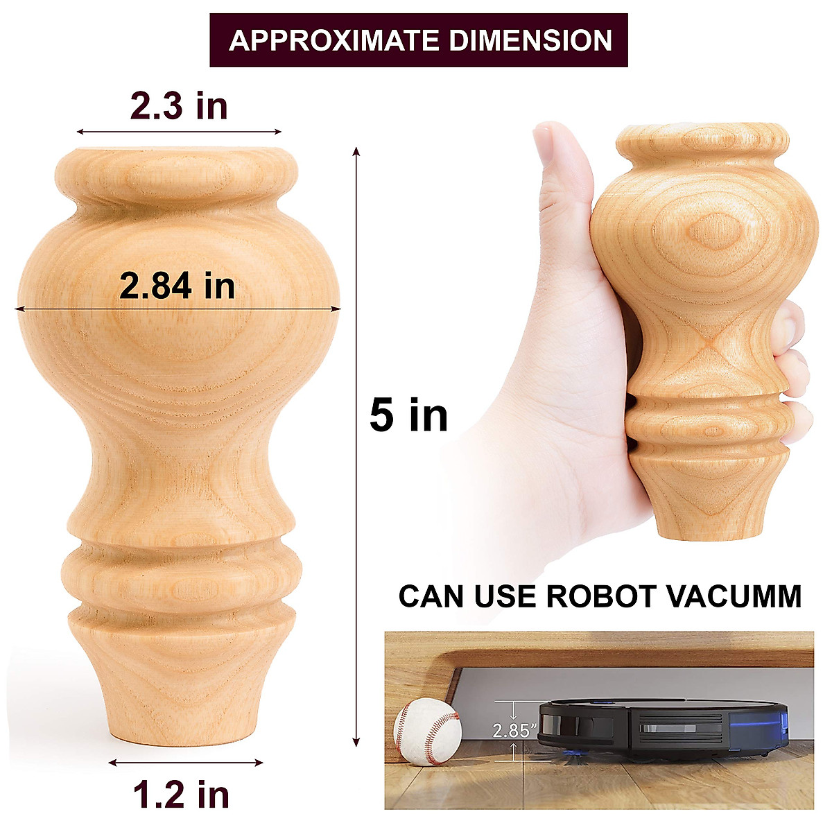 decorluxes Wood Legs for Furniture Set of 4 Kallax Legs Short Table Legs Coffee Table Legs Dresser Legs Set of 4 Bun Feet Gold Natural Woden Things (5 in with Mounting Plates)