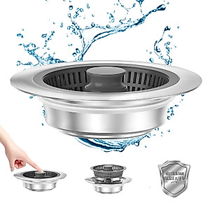 3 in 1 Kitchen Sink Drain Strainer and Stopper, Upgraded Bigger Basket, Pop Up Kitchen Sink Stopper, 304 Stainless Steel, Anti-Clogging Kitchen Sink Drain Stopper for US