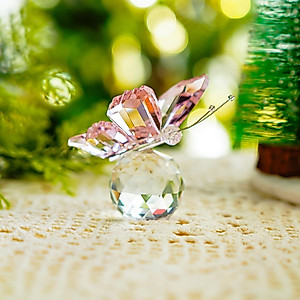H&D HYALINE & DORA Pink Crystal Flying Butterfly with Crystal Ball Base Figurine Collection Cut Glass Ornament Statue Animal Collectible