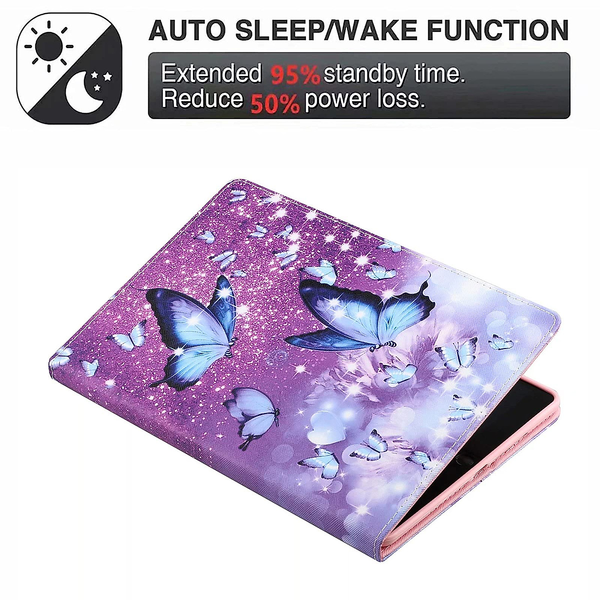 YUNHOTIC Case for iPad 9th/8th/7th Generation 10.2 inch (2021/2020/2019 Release) Auto Wake/Sleep, Premium PU Leather Folding Stand Cover with Pen Holder & Multiple Viewing Angles - Purple Butterfly