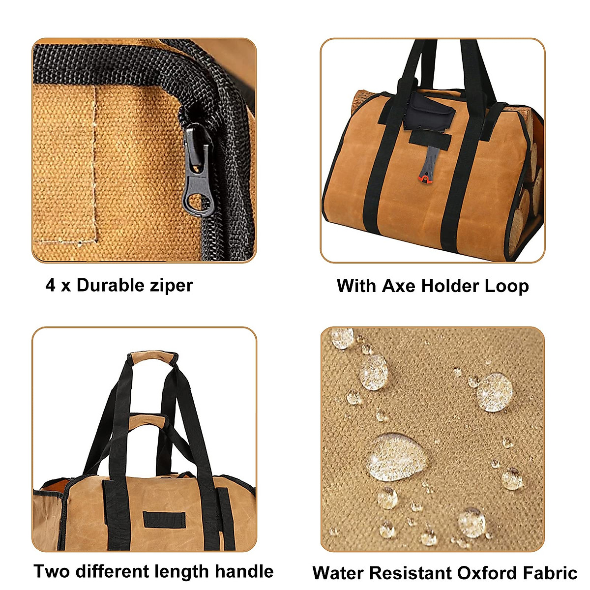 TINY SPARK Large Firewood Tote Log Carrier 2-Way to Carry Waxed Canvas Firewood Carrying Bag Indoor Fire Pit Fireplace Wood Log Case for Outdoor Camping (Khaki)