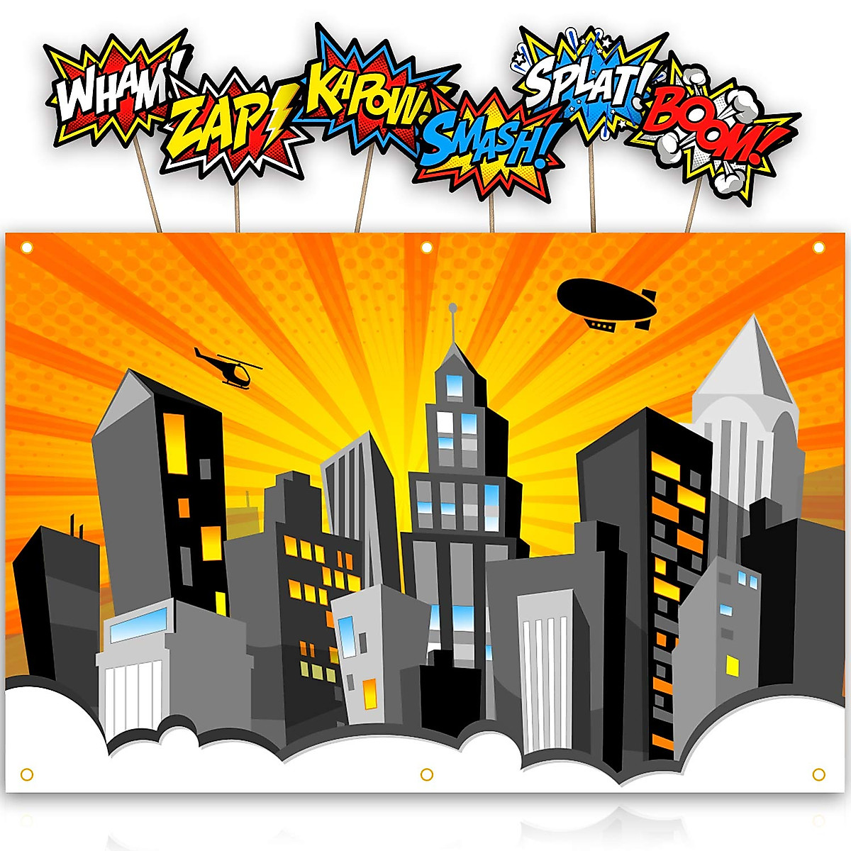 Bigtime Signs XL Superhero Backdrop with 6 Comic Action Word Photo Booth Props - Compliments Any Superhero Party Decorations - 4 x 6 ft - Cityscape Superhero Birthday Decorations Hangs on Wall Easily