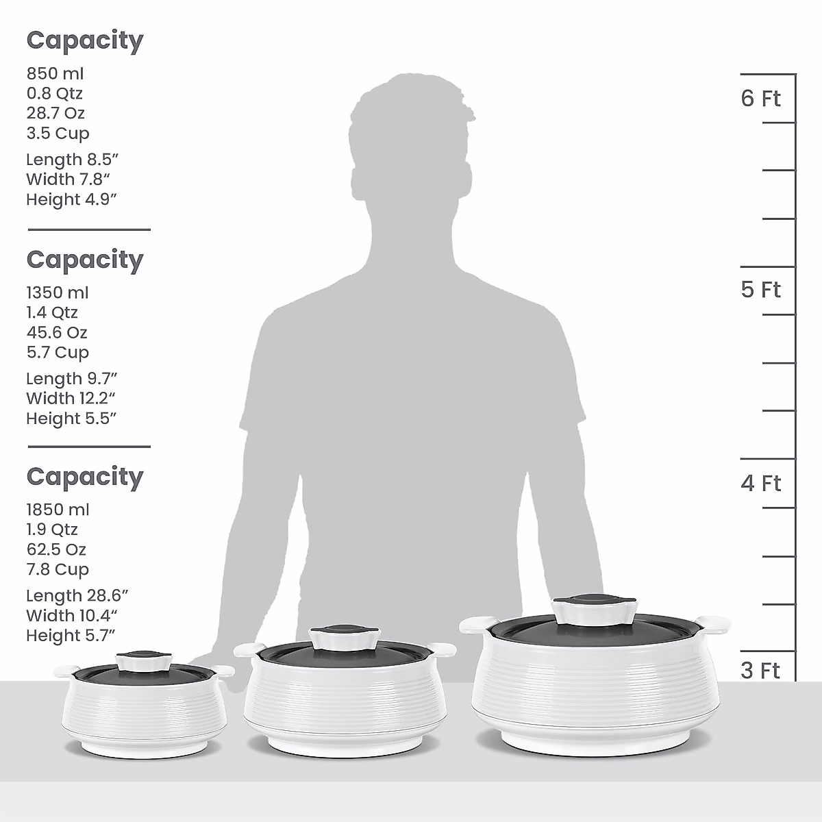 Milton Casserole for Hot Food, Double Walled Insulated Inner Stainless Steel Hot Pot with Lid, Serving box for Food and Roti, Serving Bowl, Set of 3 (Size 62, 45, 28 oz) Venice, Micro White