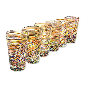 NOVICA Artisan Handmade Glass Highball Glasses Mexican Multicolor 13 Oz 6 Orange Mexico Tableware Drinkware Water Recycled Eco Friendly [6in H x 3.3in Diam. 13 Oz.] 'Rainbow Centrifuge' (Set of 6)