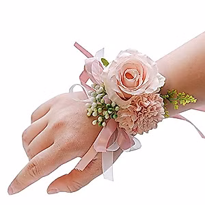 ARTFLWS 2 Pack Rose Wrist Corsages Wristband Hand Flowers for Wedding Bridesmaid Bridal Shower Prom Party (2 Wrist Corsages Pink)