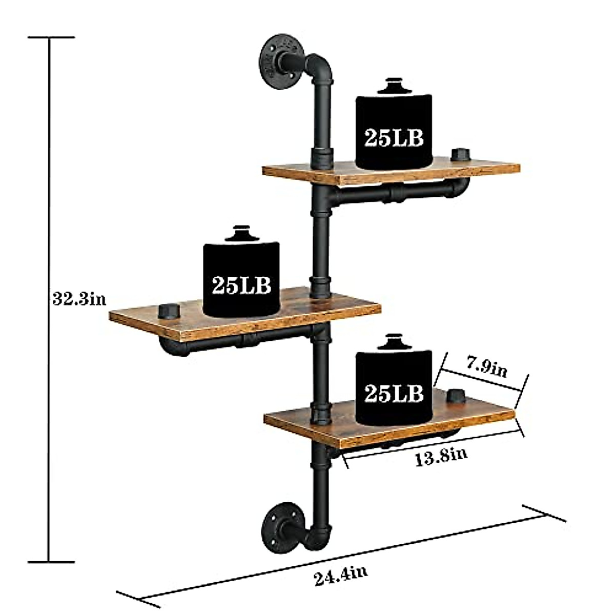 HEONITURE Industrial Pipe Shelving, Pipe Shelves with Wood Planks, Floating Shelves Wall Mounted, Retro Rustic Industrial Shelf for Bar Kitchen Living Room