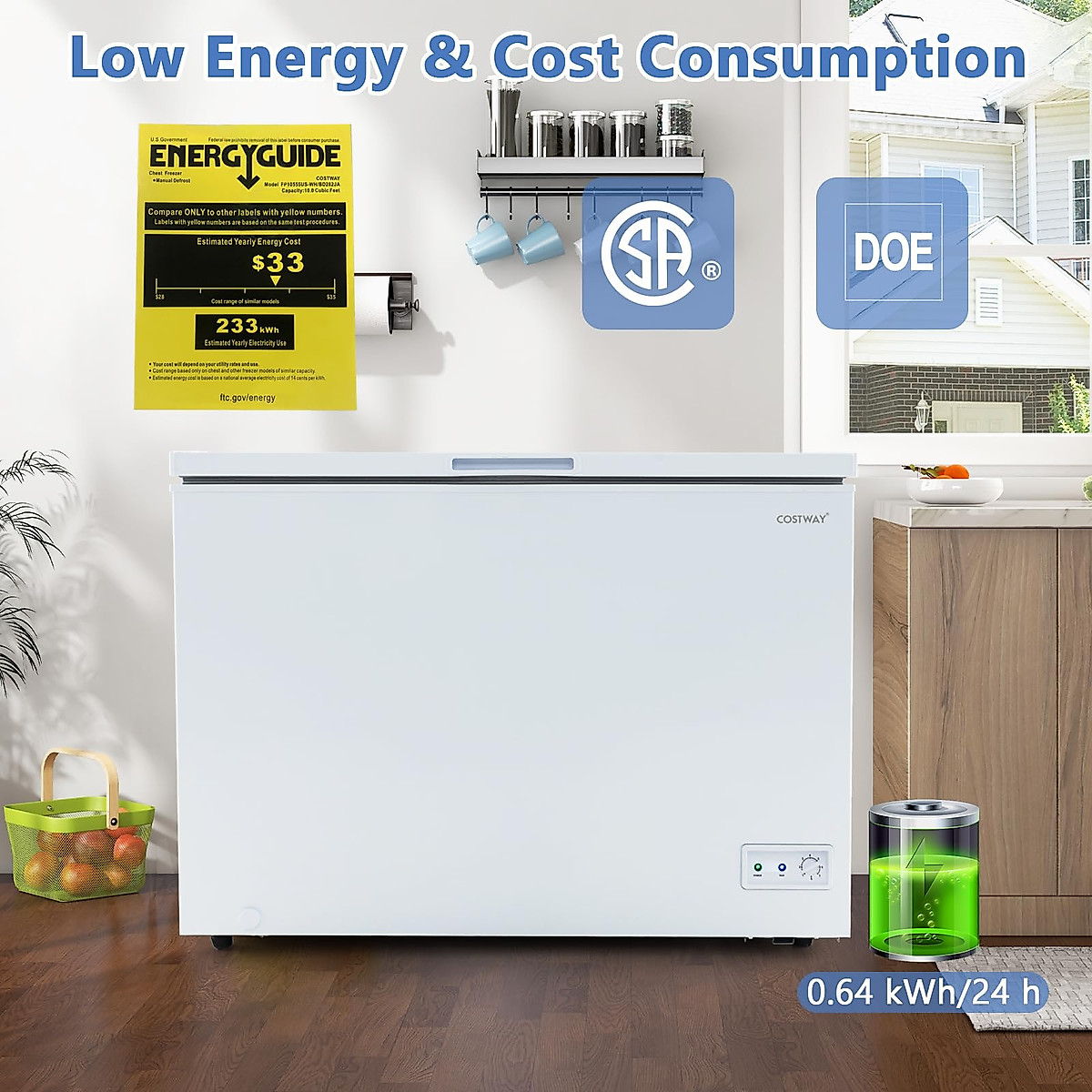 COSTWAY 10 Cu.Ft. Chest Compact Deep 7-Level Adjustable Temperature, Removable Basket Freestanding Top Open Door Freezer for Home, Garage, Basement, White