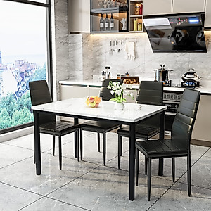 AWQM 5 Pieces Dining Table Set, Kitchen Table Set with Faux Marble Top Table and 4 Faux Leather Upholstered Chairs for Kitchen, Breakfast Nook, Dining Room, White+Black