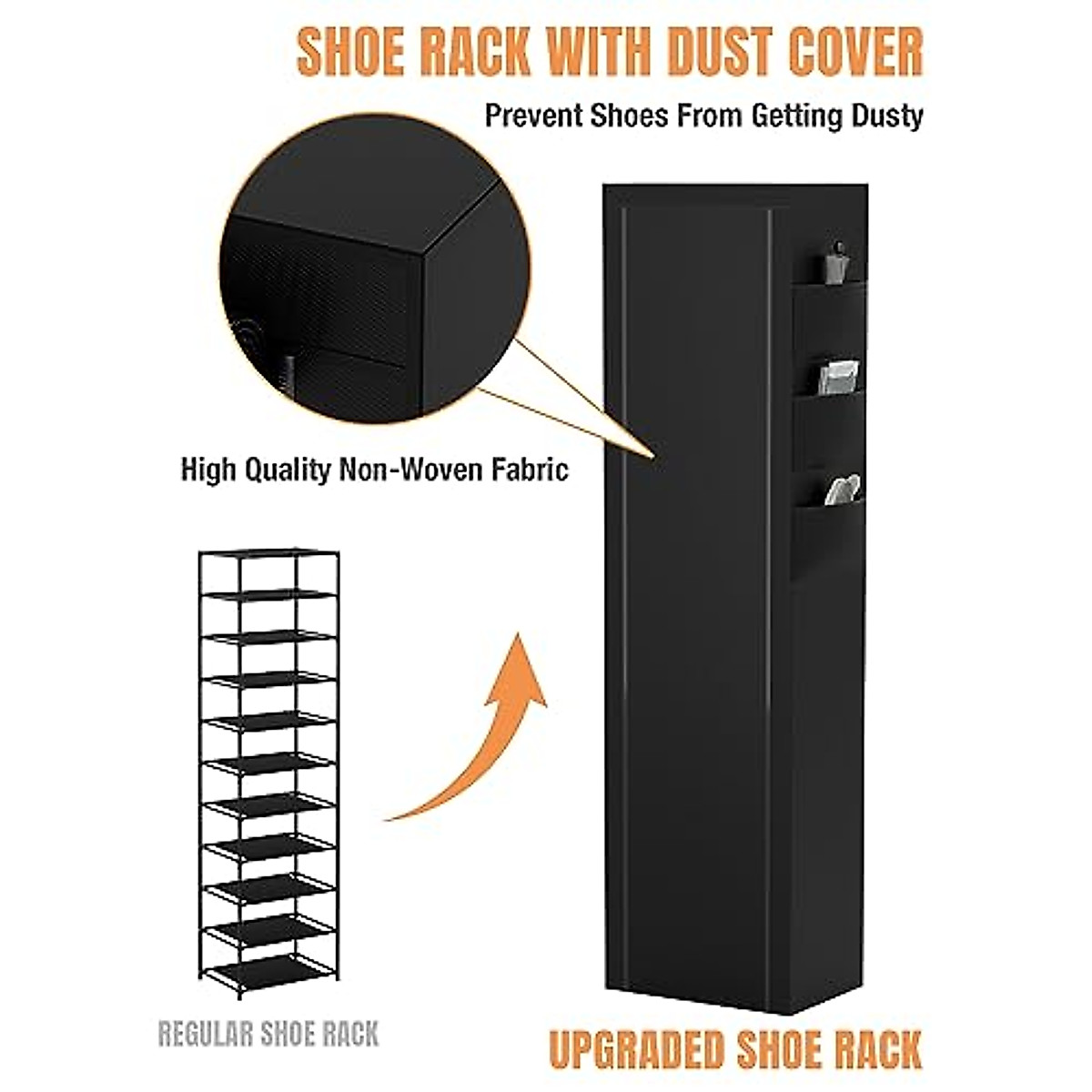 NiHome 10-Tier Tall Shoe Rack with Dustproof Waterproof Cover, Compact Narrow Shoe Rack Free Standing Shoe Storage Organizer for Closet Entryway, Metal Structure Vertical Shoe Shelf Tower, Black