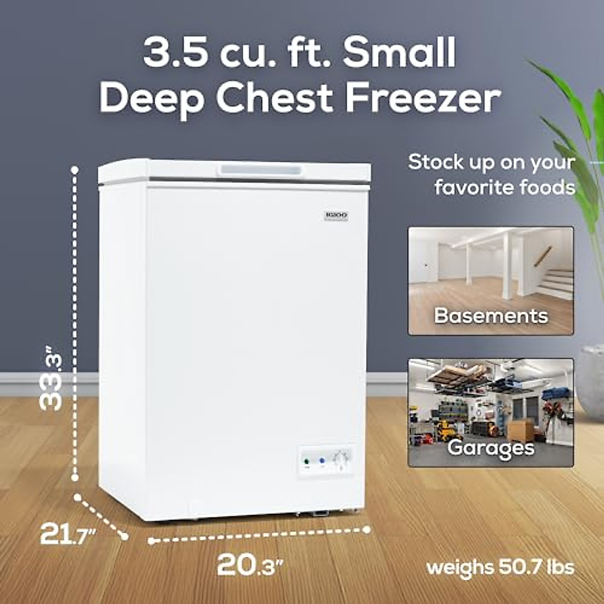 Igloo ICFXX35WH6AD Chest Freezer with Removable Basket and Front Defrost Water Drain, Small Deep Freezer Perfect for Homes 3.5 Cu.Ft., White