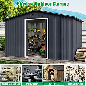 Acekool Outdoor Storage Shed 10x12 Ft & Large Storage Space, Utility Metal Storage Shed with Lockable Sliding Door and Vent, Garden Tool Shed for Organising Tools and Equipment in Yard, Garden, Grey