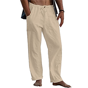 LVCBL Linen Pants for Men Elastic Waist Men's Linen Casual Pants,Khaki,M