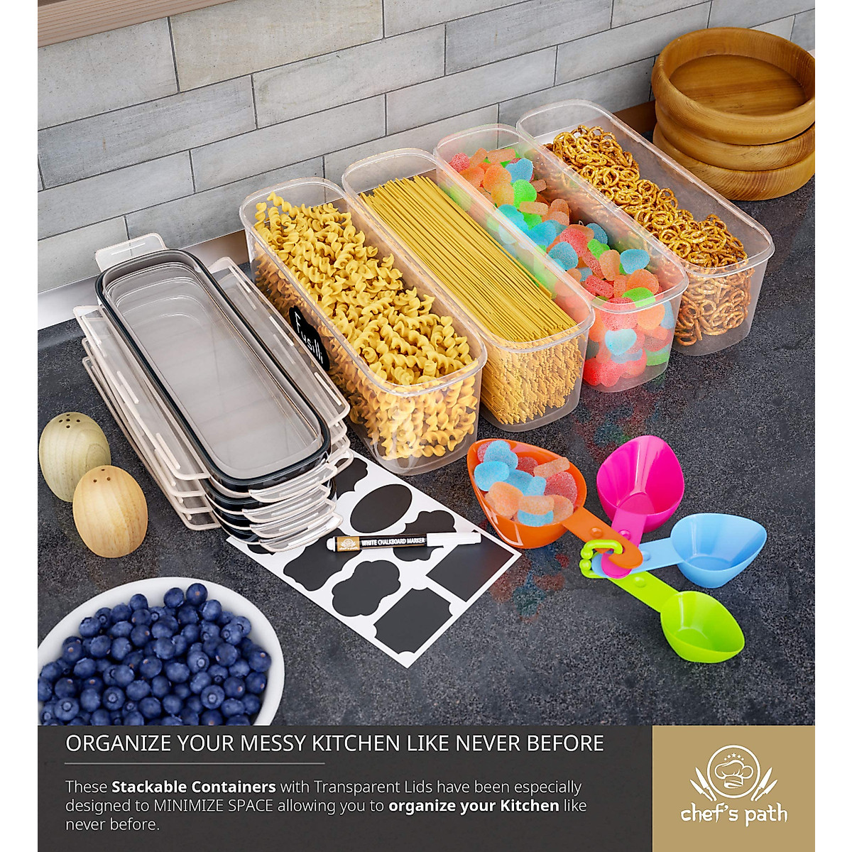 Chef's Path Airtight Food Storage Containers with Lids (4 PC) - Pasta Storage Containers for Pantry, Spaghetti & Noodles - Plastic Kitchen Containers for Pantry Organization and Storage