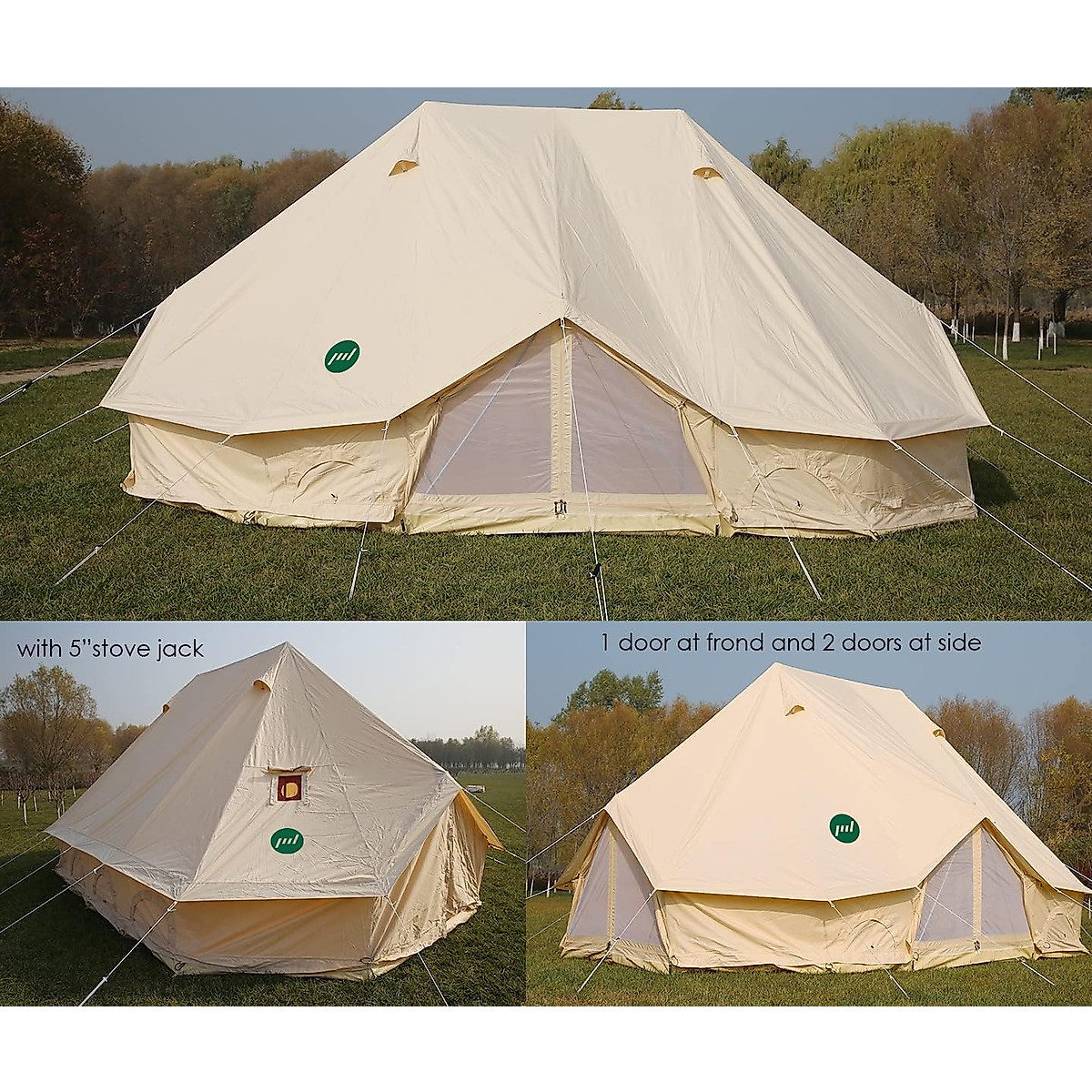 Playdo 6M Large 4 Season Canvas Wall Tent Yurts Tent with Stove Jack for Camping Festival (Size 19.6'L x 13.1'W x 9.8'H) (with stove jack)