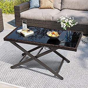 JOINHOM Patio Coffee Table Height Adjustable - Outdoor Coffee Side Table with Waterproof, Rust-Proof, Patio Tables Rectangle Coffee Tables Fit with Patio Conversation Set, Dark Brown
