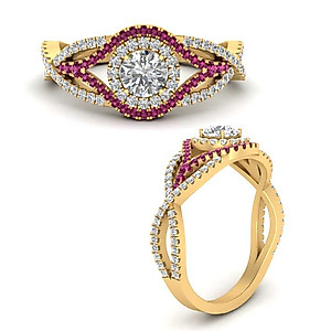 Jewelrygift Round Twisted Pave Double Halo Diamond Ring Yellow Gold Plated Created Pink Sapphire Round Shape Pink Color Double Halo Engagement Ring Prong Setting in Size 4