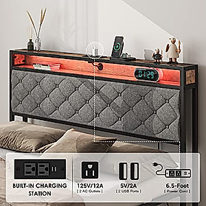 Osfvolr Queen Bed Frame with Charging Station and LED Light, Platform Bed Frame with 2 Tier Storage Upholstered Linen Headboard, Heavy Duty Metal Structure, 12 inch Under Bed Storage, Noise Free