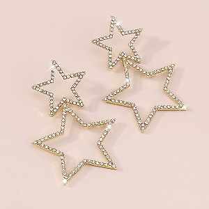 Jumwrit Rhinestone Star Earrings Long Star Drop Dangle Earrings Geometric Five-Pointed Star Stud Earrings Punk Boho Shiny Earrings Fashion Earrings Jewelry for Women Girls(Gold)