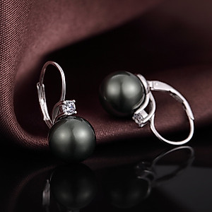 Black Pearl Earrings Pearl Dangle Earring Black Diamond Pearl Earring Cubic Zirconia Pearl Earring for Women Sterling Silver Pearl Leverback Earring Silver Pearl Drop Earrings 10mm Pearl Jewelry
