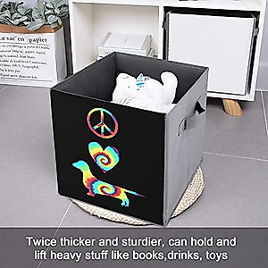 Peace Love Dachshunds Tie Dye PU Leather Collapsible Storage Bins Canvas Cube Organizer Basket with Handles