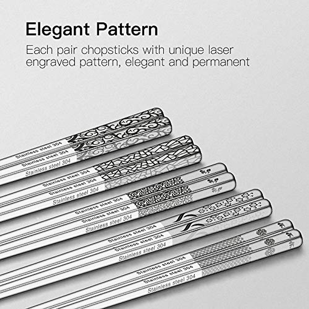 Metal Chopsticks Reusable 18/8 Stainless Steel Chopsticks Multipack Dishwasher Safe Chop Sticks Cute Laser Engraved Non-slip Japanese Korean Chopstick for Cooking Eating 9 1/4 Inches 5 Pairs Gift Set