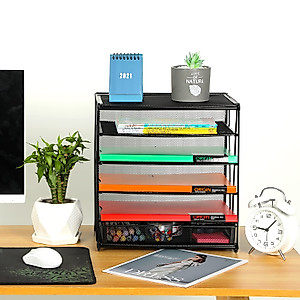 Samstar Paper Letter Tray, 5 Tier Desk File Organizer Paper Shelves Sorter Rack with Sliding Drawer and Extra Pen Holder, Black