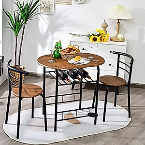 Giantex 3 Piece Dining Set Compact 2 Chairs and Table Set with Metal Frame and Shelf Storage Bistro Pub Breakfast Space Saving for Apartment and Kitchen (Black & Brown)
