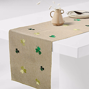 yuboo St Patrick Day Table Runner, Embroidered Shamrock Table Runnr Linen Burlap for Farmhouse Rustic Spring Decorations,13 x 72