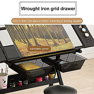 ROLTIN Drafting Tables Height Adjustable Drawing Art Table,Artists Desk Tilting Glass Tabletop Paintings Work Station with Storage Drawer,Writing Art Craft Work Station (