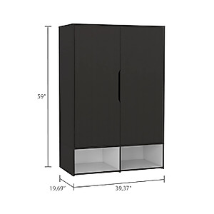 Bamboo Armoire with Double Door Cabinets, 6 Inner Shelves, 2 Open Shelves, and Hanging Rod, Black/White