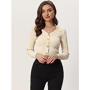 Allegra K V Neck Crop Knit Sweater Tops for Women's Ribbed Casual Long Sleeve Solid Top Medium Beige