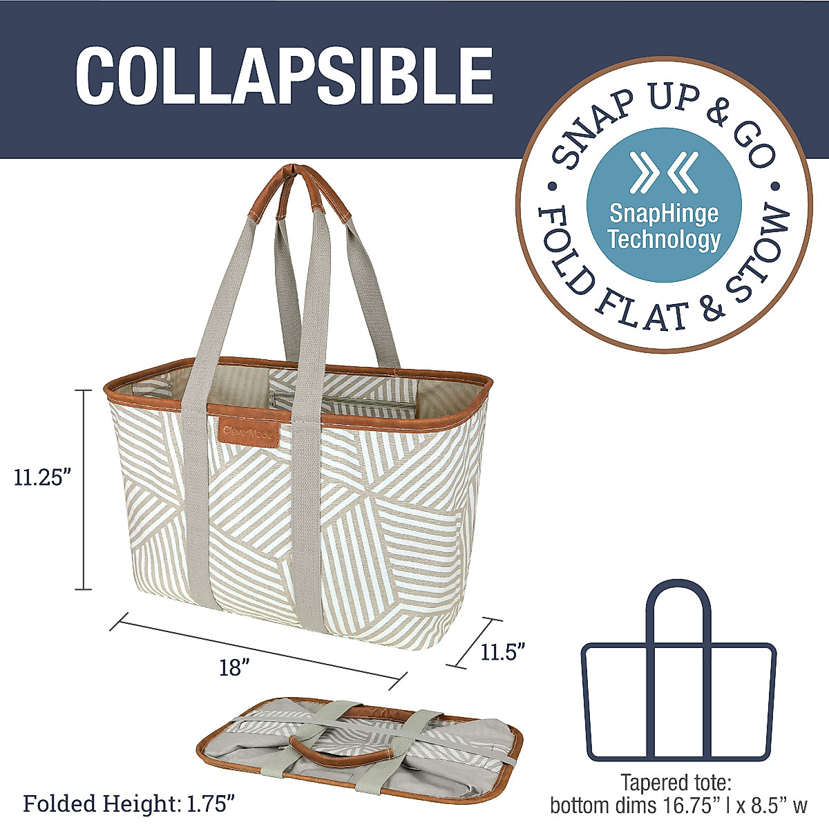 CleverMade Collapsible LUXE Tote, Geometric Taupe - 30L (8 Gal) Structured Tote Bag with Handles and Reinforced Bottom - Reusable Grocery Bag, Shopping Bag, Utility Tote Bag