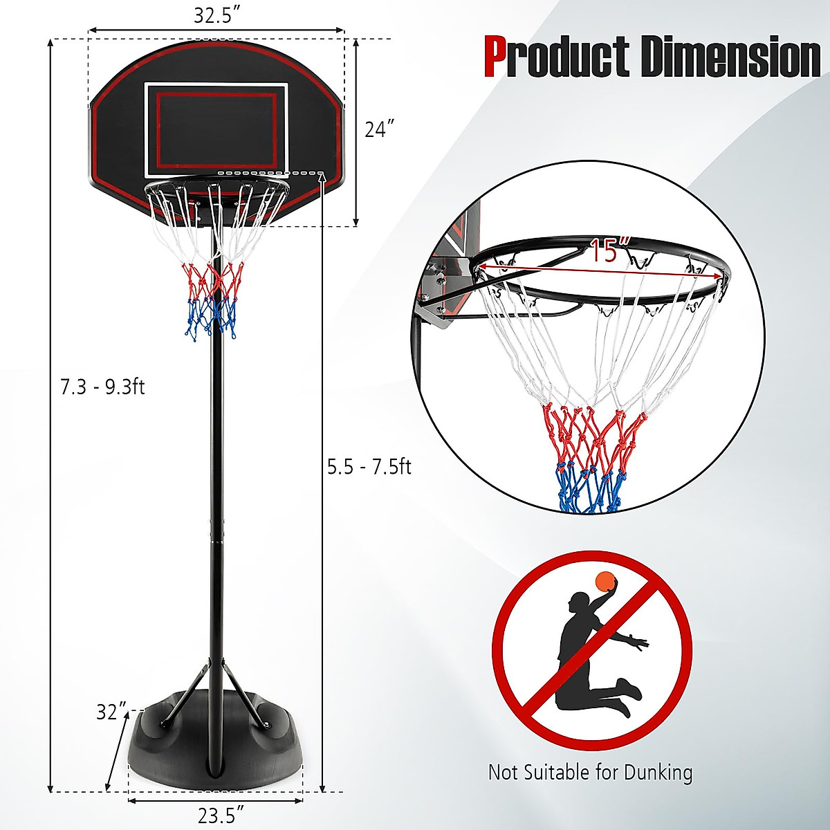 Goplus Portable Basketball Hoop Outdoor, 5.5-7.5 FT Basketball Goal with 5 Adjustable Height, 32" Shatterproof Backboard, Wheels, Fillable Base, Indoor Basketball Stand for Kids Teenagers Youth Adults