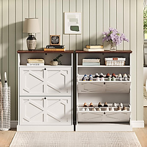 Maupvit Shoe Storage Cabinet with 2 Flip Drawers,Shoe Cabinet with Open Storage,Hidden Shoe Storage Slim Storage Cabinet with Barn Door Design,Narrow Shoe Rack Cabinet for Entryway,Antique White
