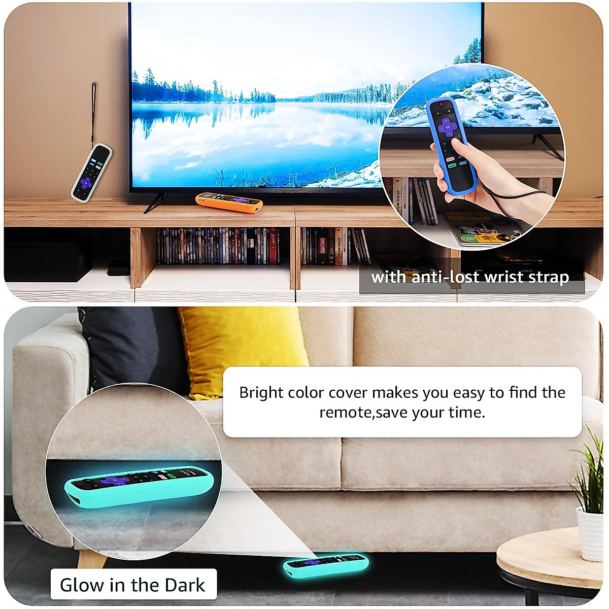 4 Pack Remote Cover for Roku, Case for Hisense/TCL Roku TV Steaming Stick/Express Universal Replacement Controller Silicone Sleeve Skin Glow in The Dark Orange White Light Green Blue with Lanyards