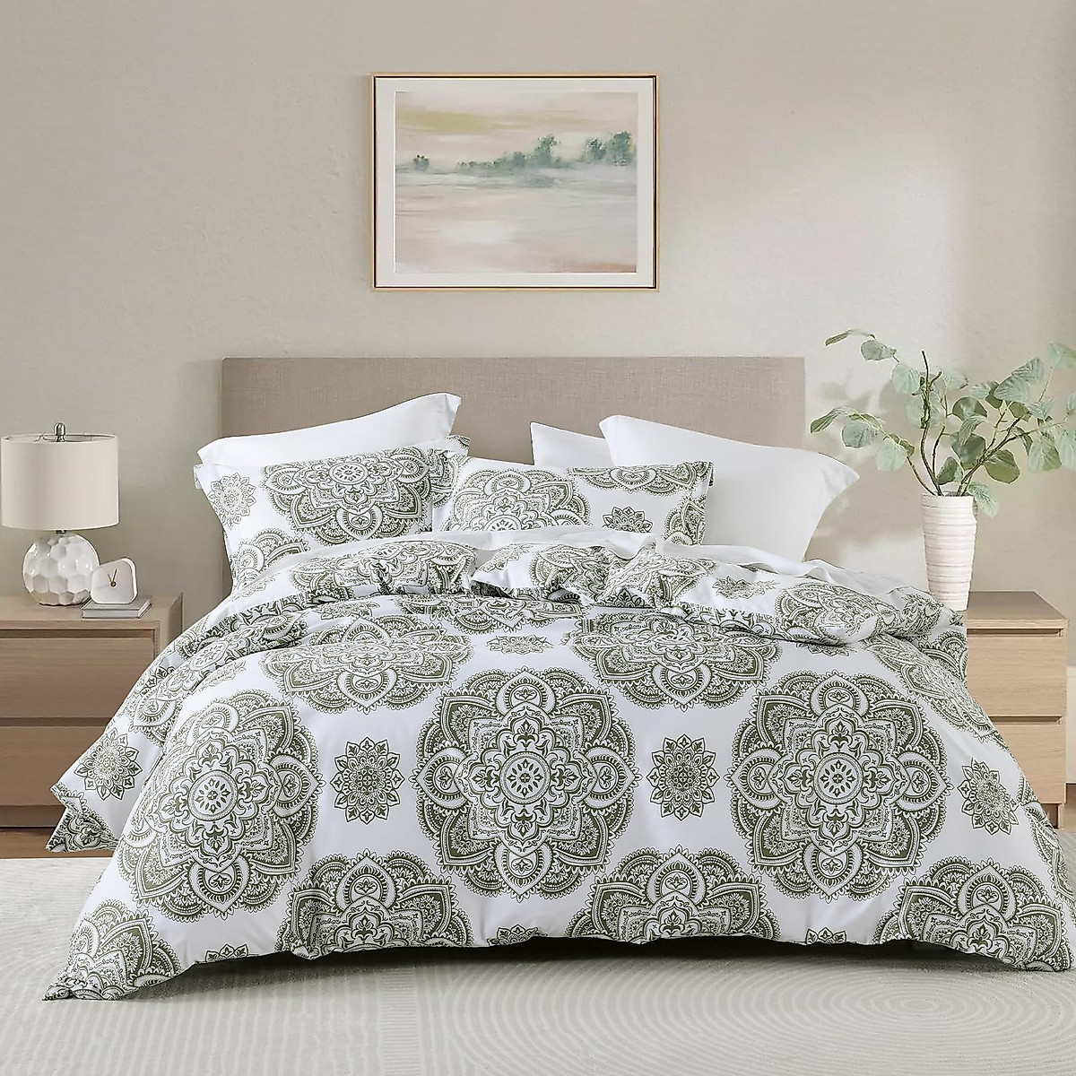 CozyQQ Cotton Duvet Cover Queen - 100% Cotton 400TC Soft Prewashed Light Green Summer Queen Duvet Cover Set with Zipper, 3 Pcs Floral Damask Paisley Queen Bedding Set (90x90, No Comforter)