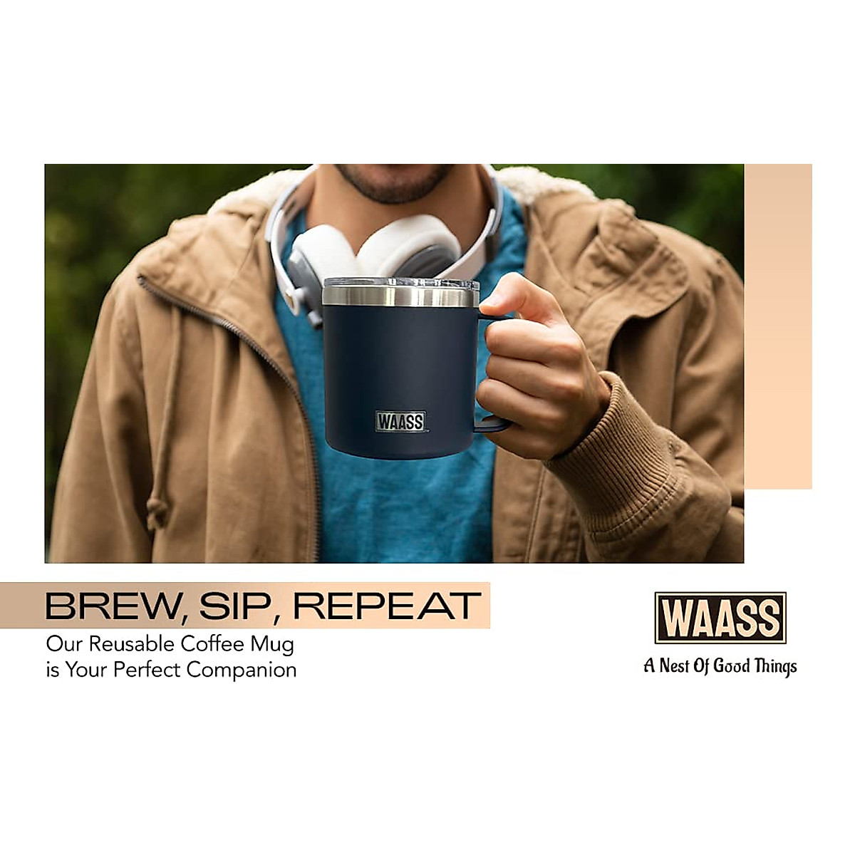 WAASS 14oz Insulated stainless steel Coffee Mug - Hot and Cold with leakproof sliding Lid - Perfect for Hot Coffee & Tea for Travel, home, and Work. (Green)