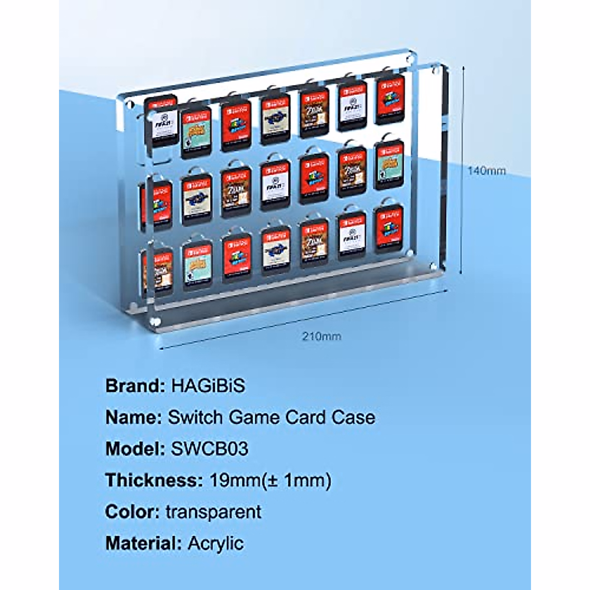 Hagibis Game Card Case for Nintendo Switch, 21 Cartridge Slots Holder Protective Shockproof Display Cabinet, Transparent Acrylic Game Storage Box for Switch NS NX (21 Slots)