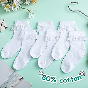 SATINIOR 6 Pairs Baby Girls Lace Ankle Socks White Eyelet Lace Socks Toddler Frilly Ruffle Socks Princess Socks Ruffled Lace Dress Socks, for 3-7 years