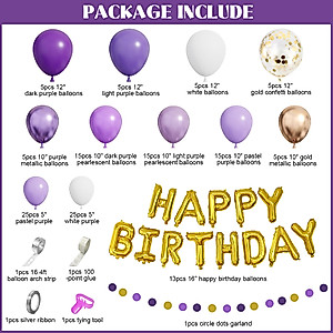 131Pcs Purple Gold Birthday Decorations Purple Balloons Garland Arch Kit Women Purple and Gold Confetti Latex Balloons Happy Birthday Foil Balloons Banner Circle Dots Garland Birthday Party Supplies