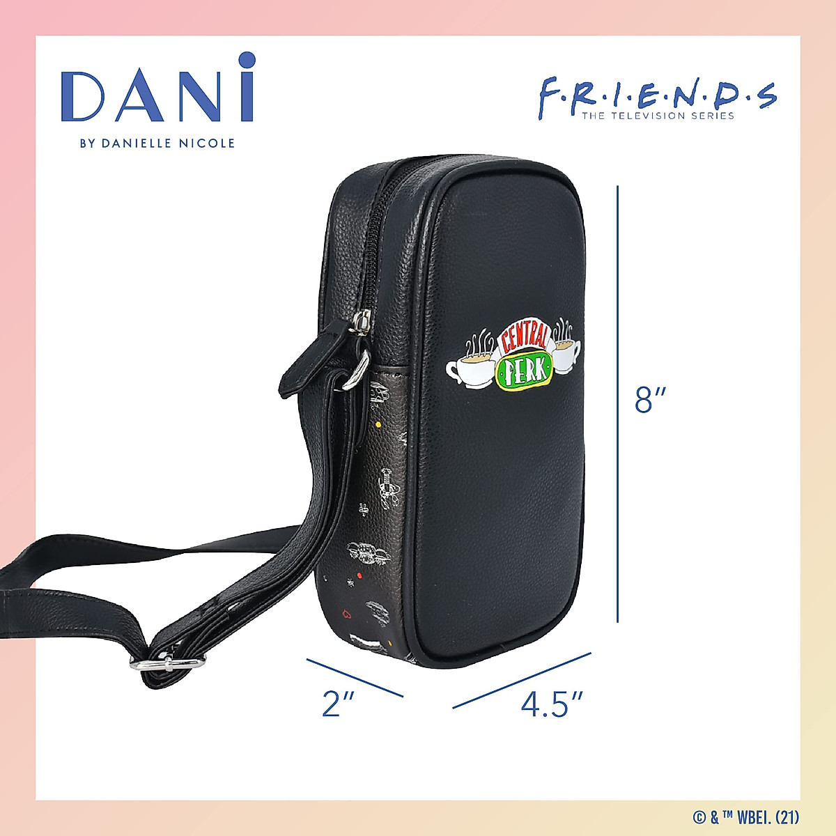 Danielle Nicole DANI Friends Central Perk Logo Boxed Crossbody Bag, Purse for Women, Black