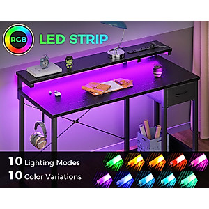 AODK Gaming Desk with LED Lights & Power Outlet, 40 Inch Computer Desk with Drawer, Reversible Desk with Adjustable Monitor Shelf & Headphone Hook for Home Office, Black